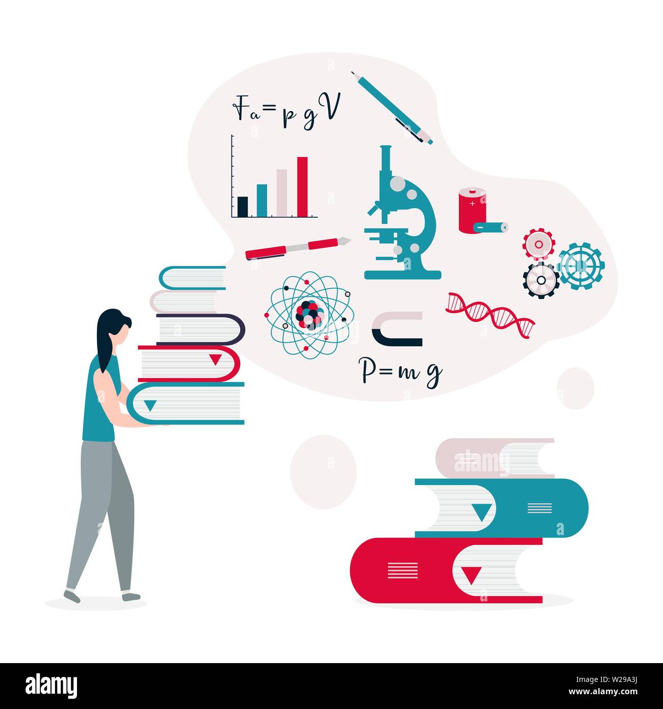 Vector illustration with girl, stack of books. Education, study ...