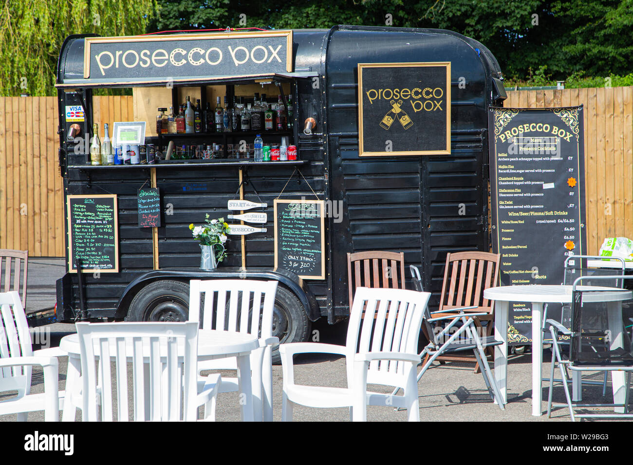 90th Kent County Show, Detling, 6th July 2019. Prosecco Box. A horse ...
