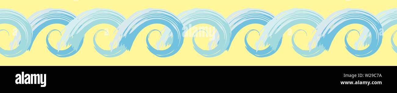 Hand drawn blue stylised ocean wave border with painterly effect ...