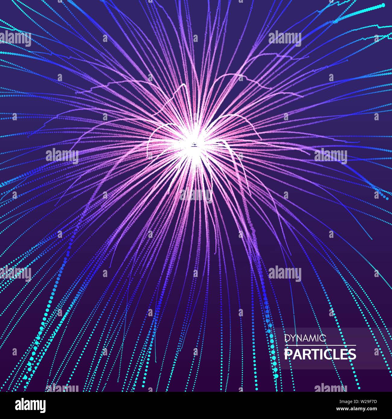 Point explode. Array with dynamic emitted particles. 3d technology style. Abstract background ...