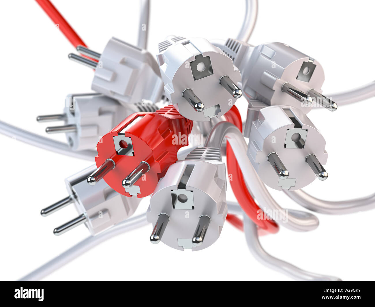 Unique red electric plug in the heap of a white plugs. Leadership ...