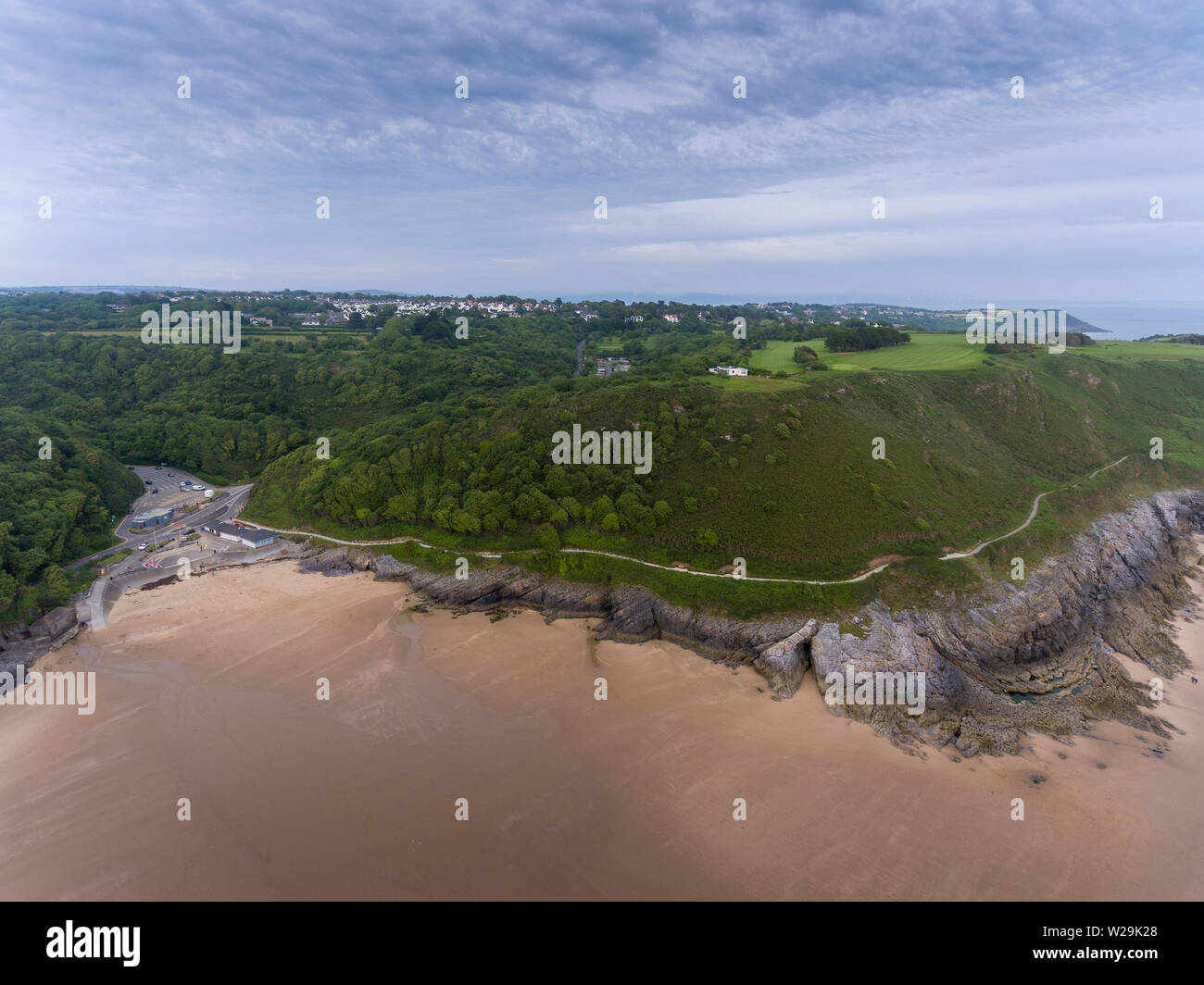 Aerial view of Caswell Bay car park and shops Stock Photo - Alamy