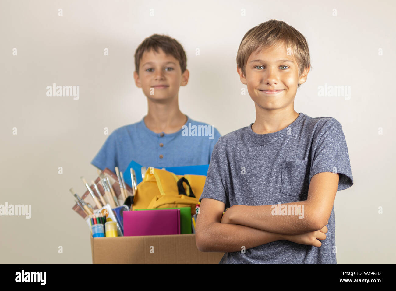Donation concept. Kids happy to help others. Boys with donation box ...