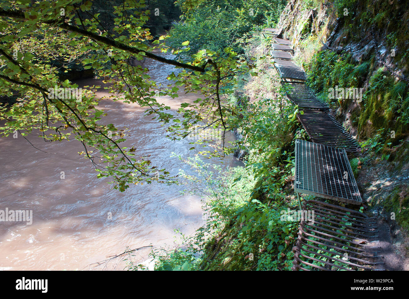 View of a metal path with chains above Hornad canyon, Slovensky Raj ...
