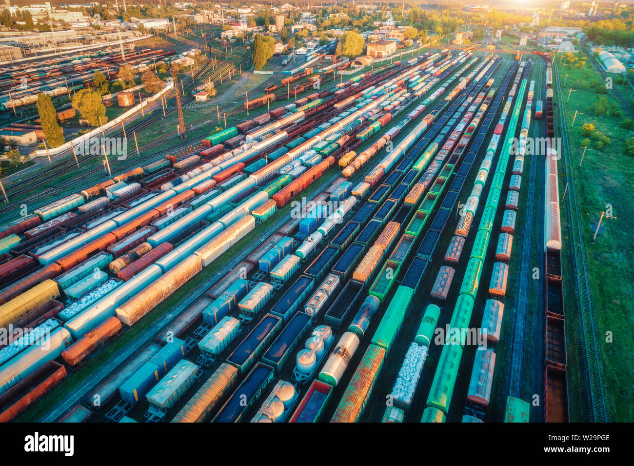 Aerial view of freight trains. Cargo wagons on railway station Stock ...