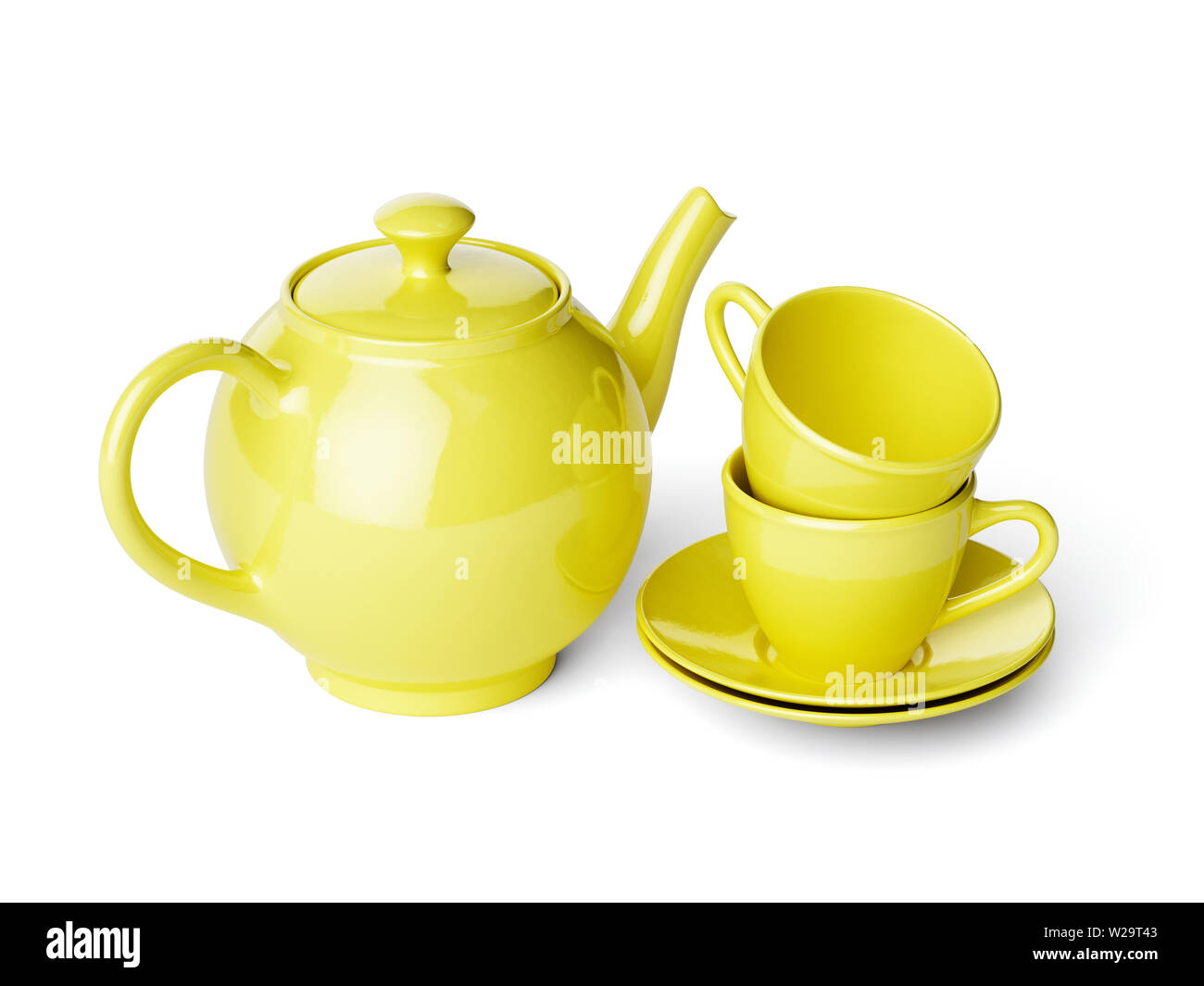 3d rendering of teapot and yellow cups isolated on white background ...