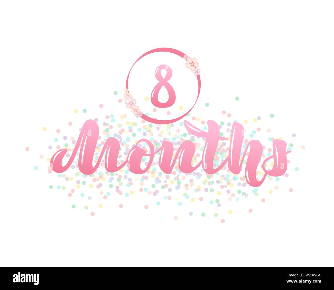 Vector illustration with a baby age marker - 8 months. Pink pastel for ...