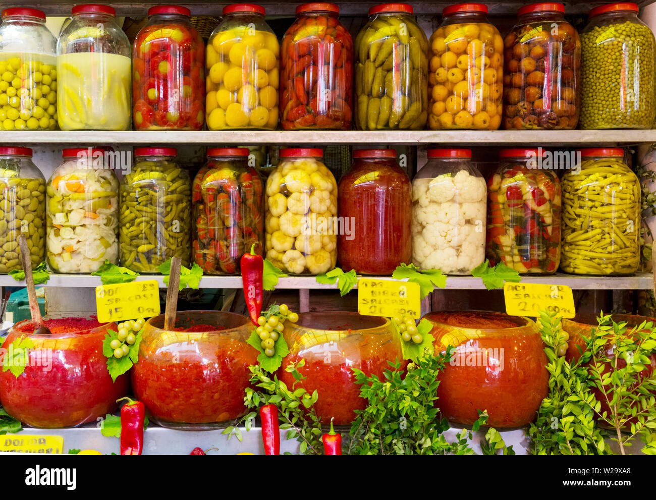 Traditional Turkish pickles of various fruits and vegetables Stock ...