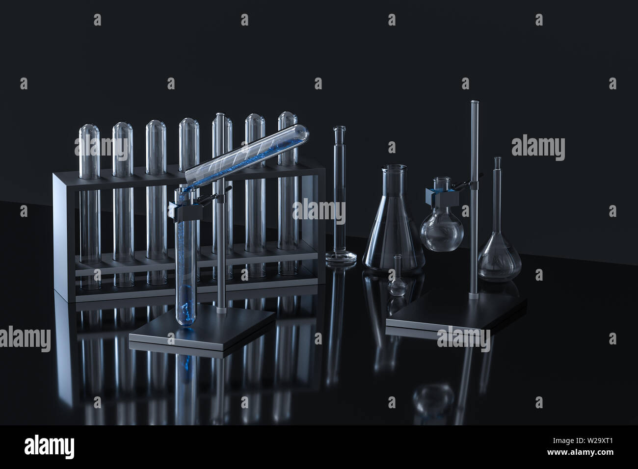Chemical instruments and reagents in the lab, 3d rendering. Computer ...