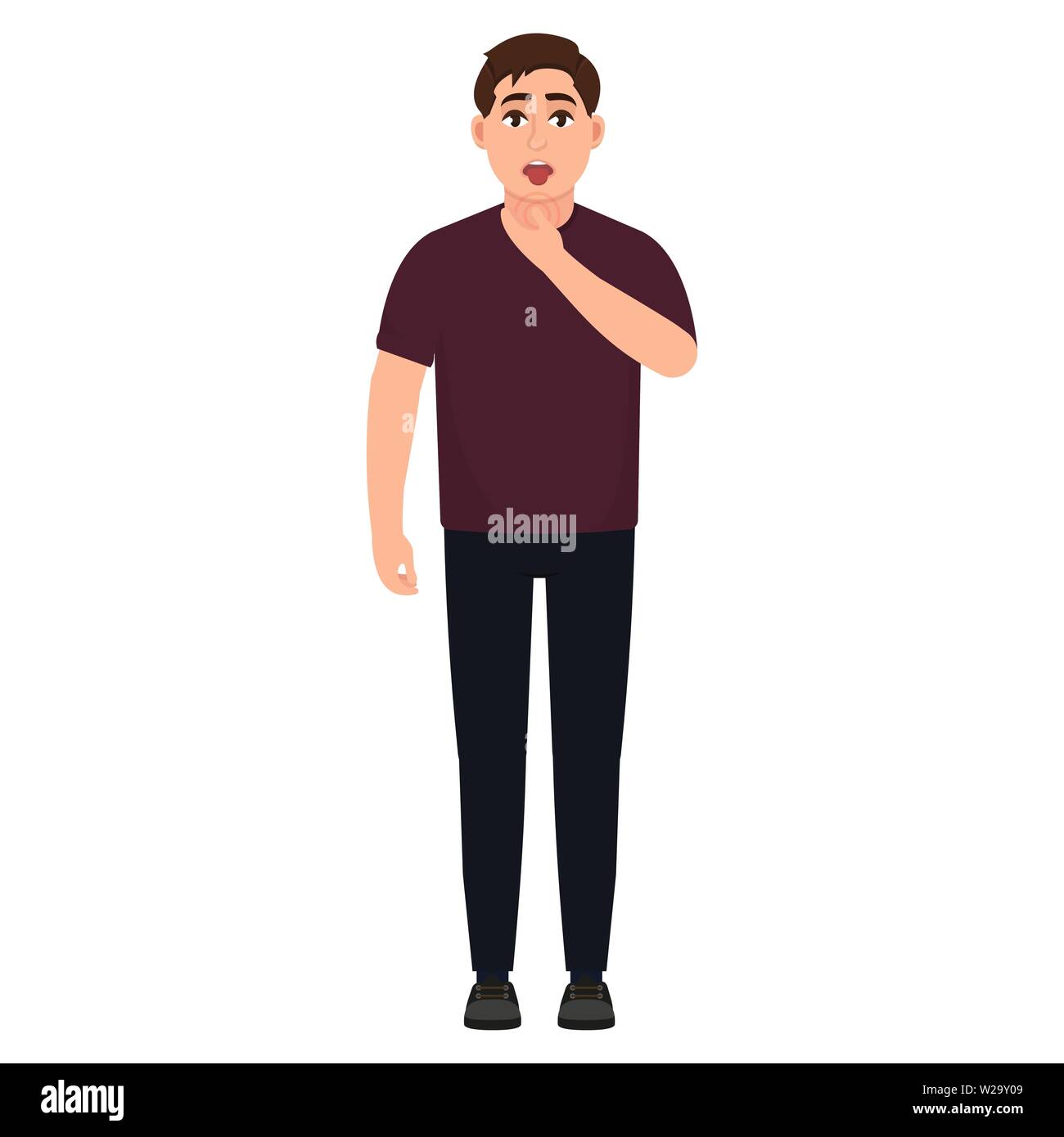 The guy holds his throat and shows the tongue, a man is sick with sore ...