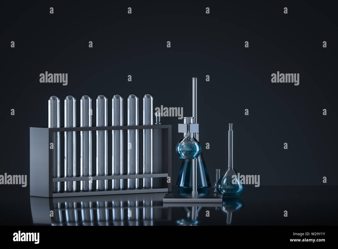 Chemical instruments and reagents in the lab, 3d rendering. Computer ...