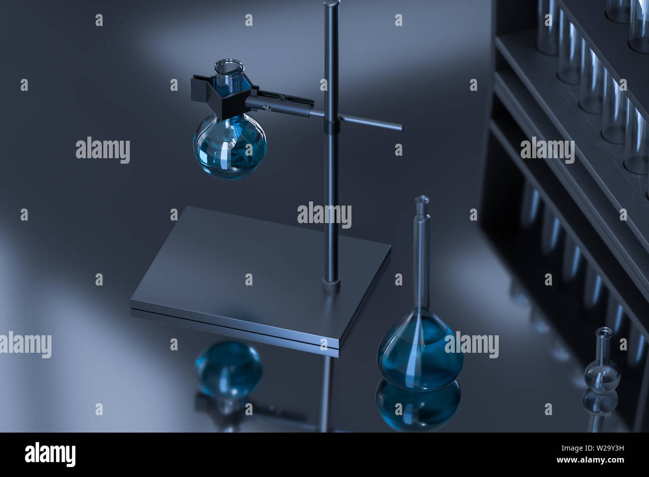 Chemical instruments and reagents in the lab, 3d rendering. Computer ...
