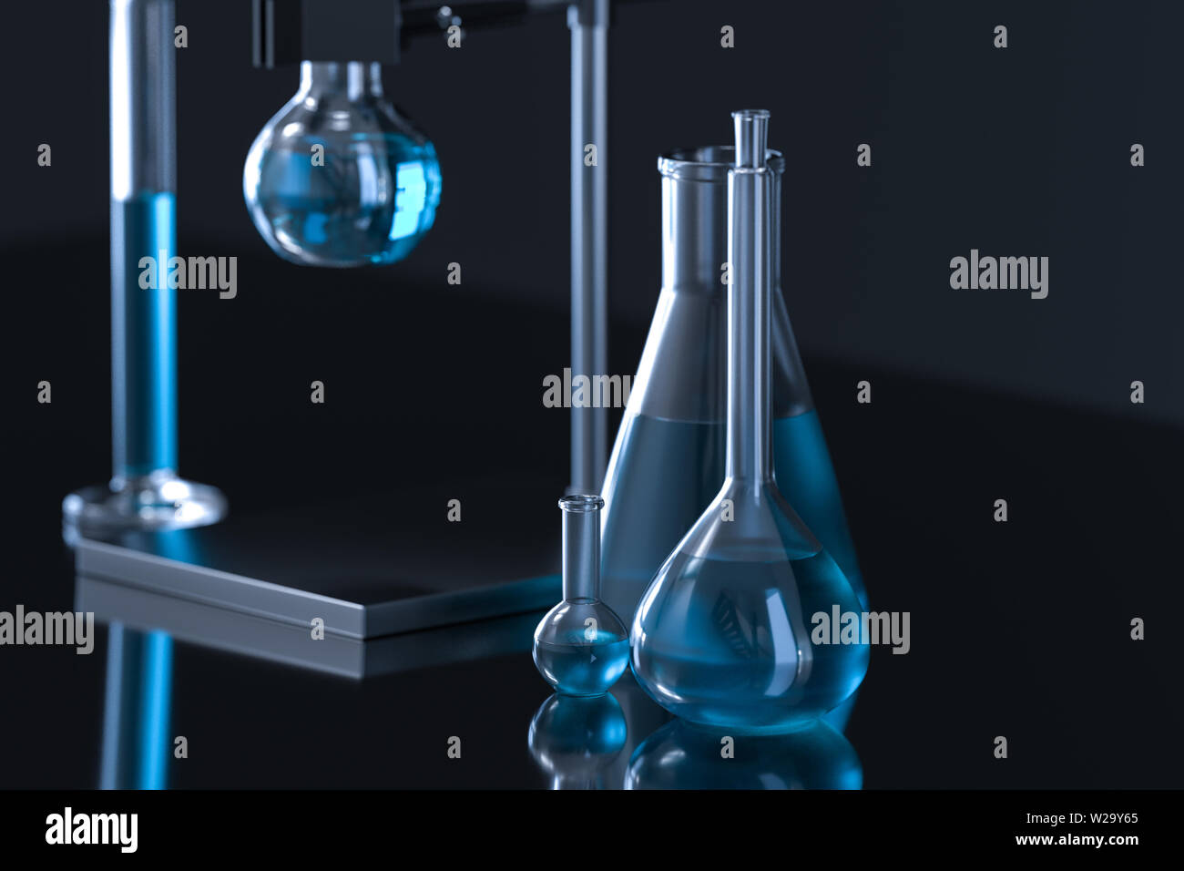 Chemical instruments and reagents in the lab, 3d rendering. Computer ...