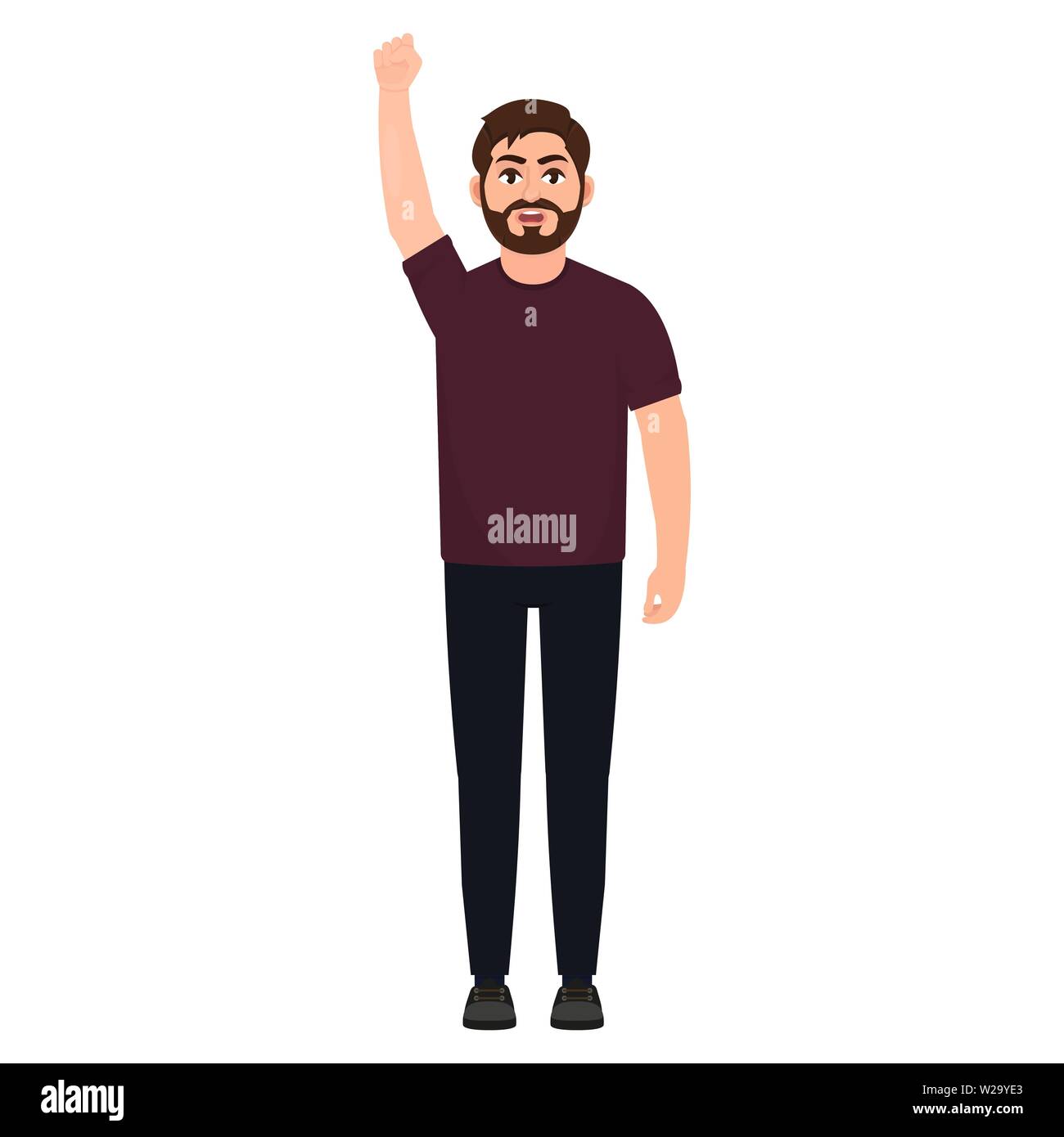 Angry bearded man with fist raised up, guy shows protest gesture ...