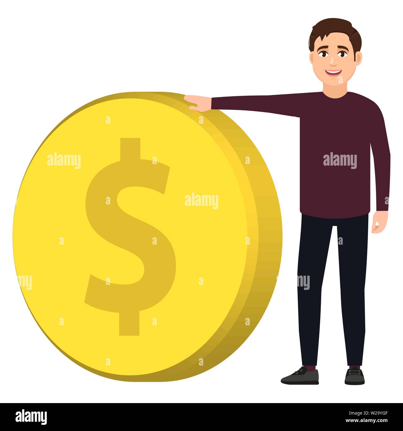 Happy guy holds big gold coin, cartoon character vector illustration ...