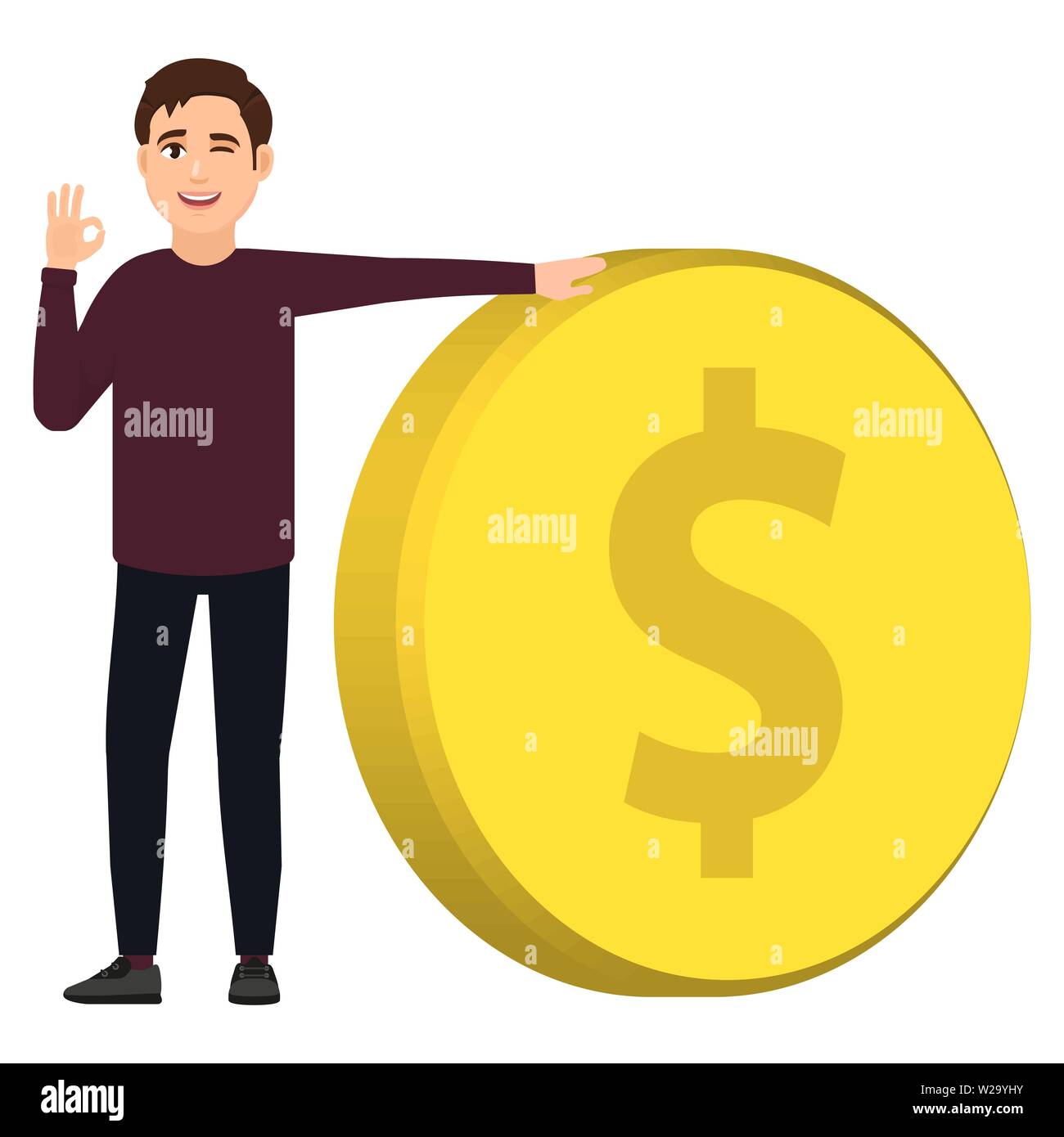 The guy holds a big golden coin and shows a cool gesture, happy man ...