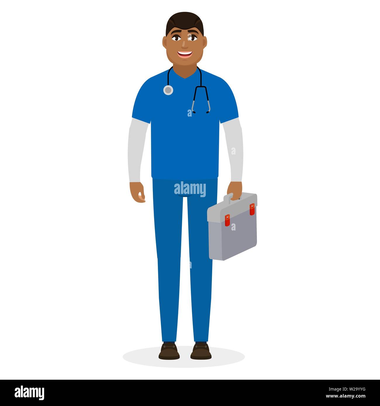 A man doctor is holding a first aid kit, ambulance worker, cartoon ...