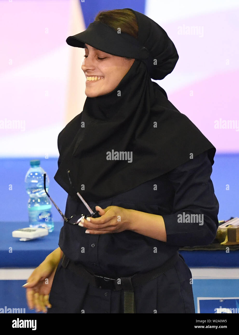 Naples, Italy. 7th July, 2019. Dorsa Arabshahi of Iran smiles after ...