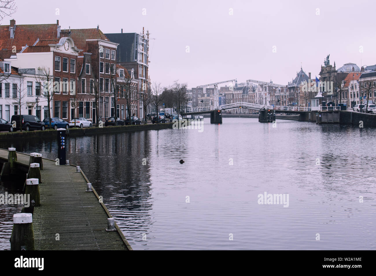 Spectacular cityscape of Haarlem, Netherlands. Wooden path on the left ...