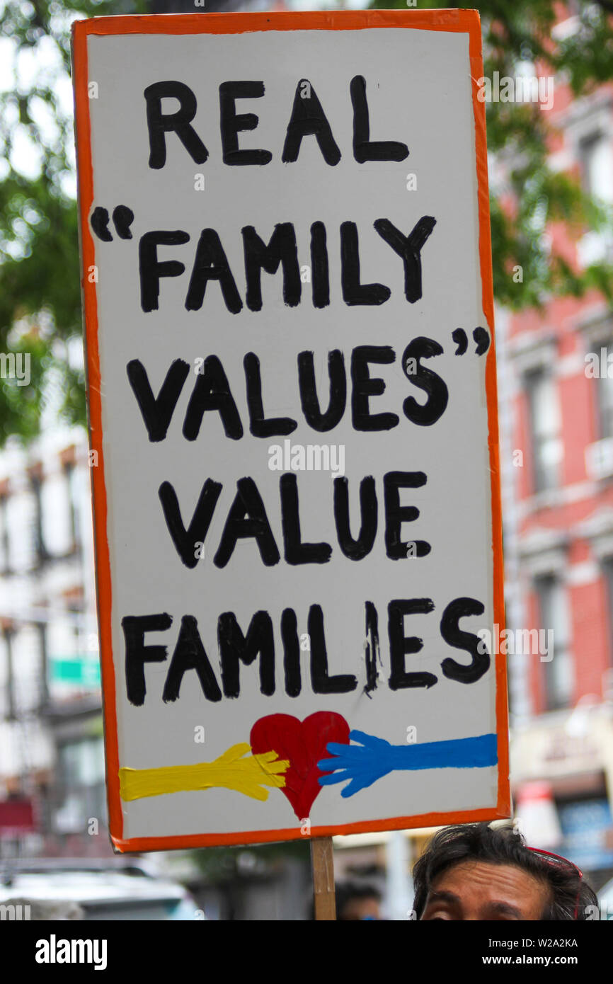 July 2, 2019. A sign reads "Real 'Family Values' Value Families," at ...