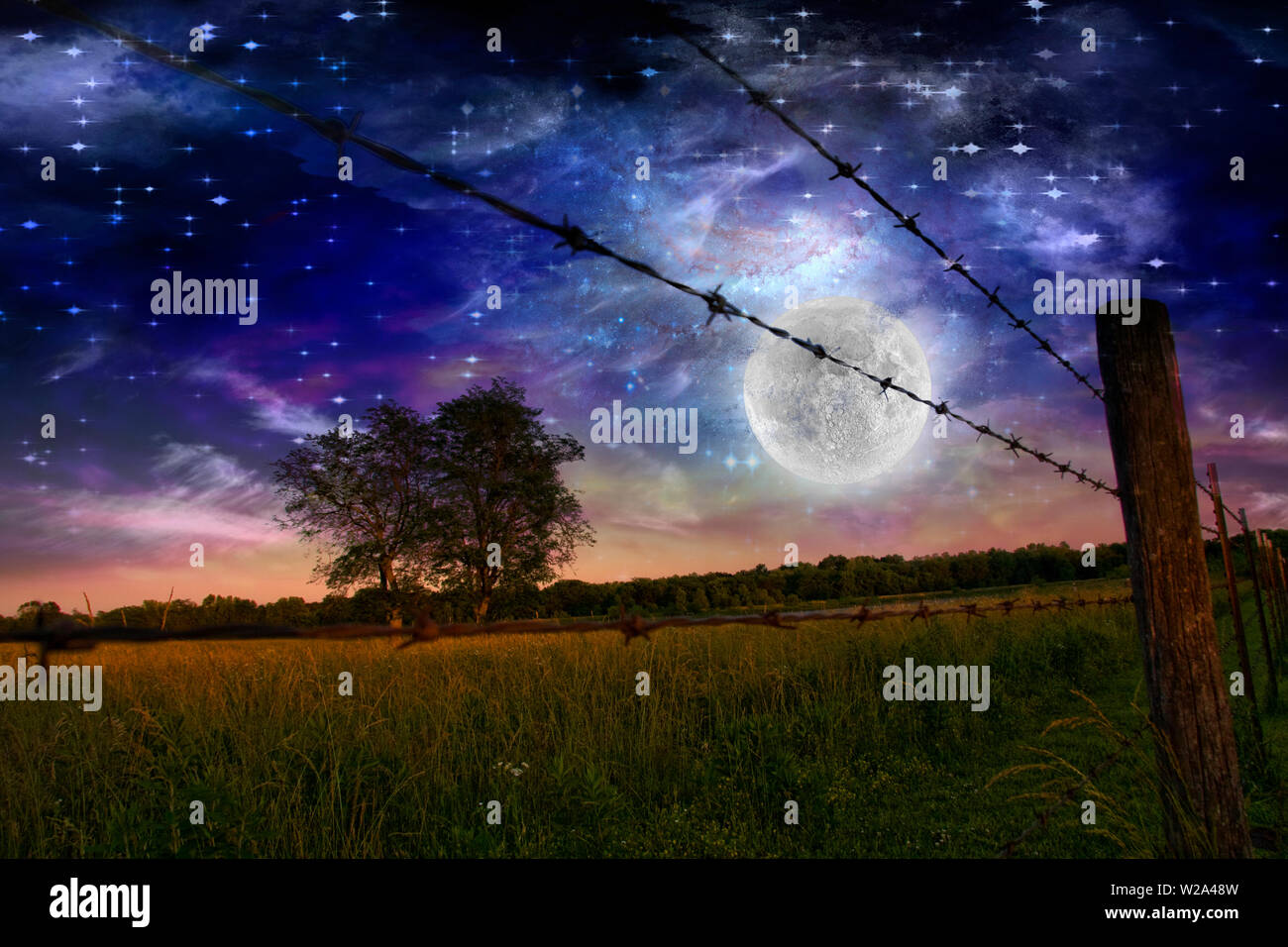 Starry night with bright moon and farmers fence in the field Stock ...