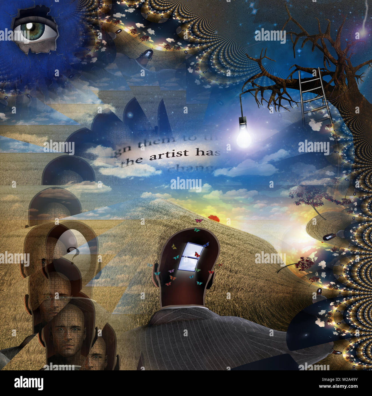 Mens heads with puzzles and questions. Door to another world. Endless ...