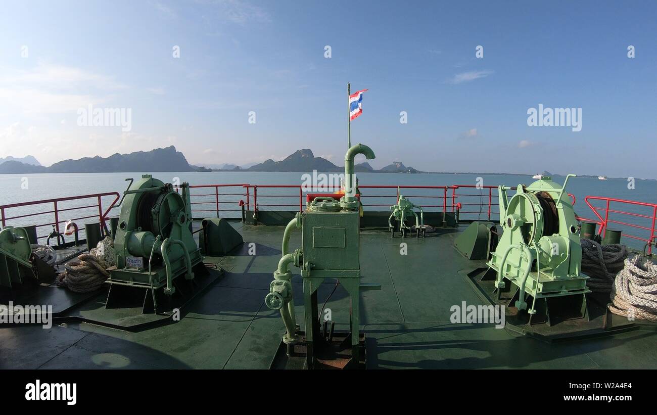 National flag of Thailand waving on the ferry from Koh Samui to Surat ...