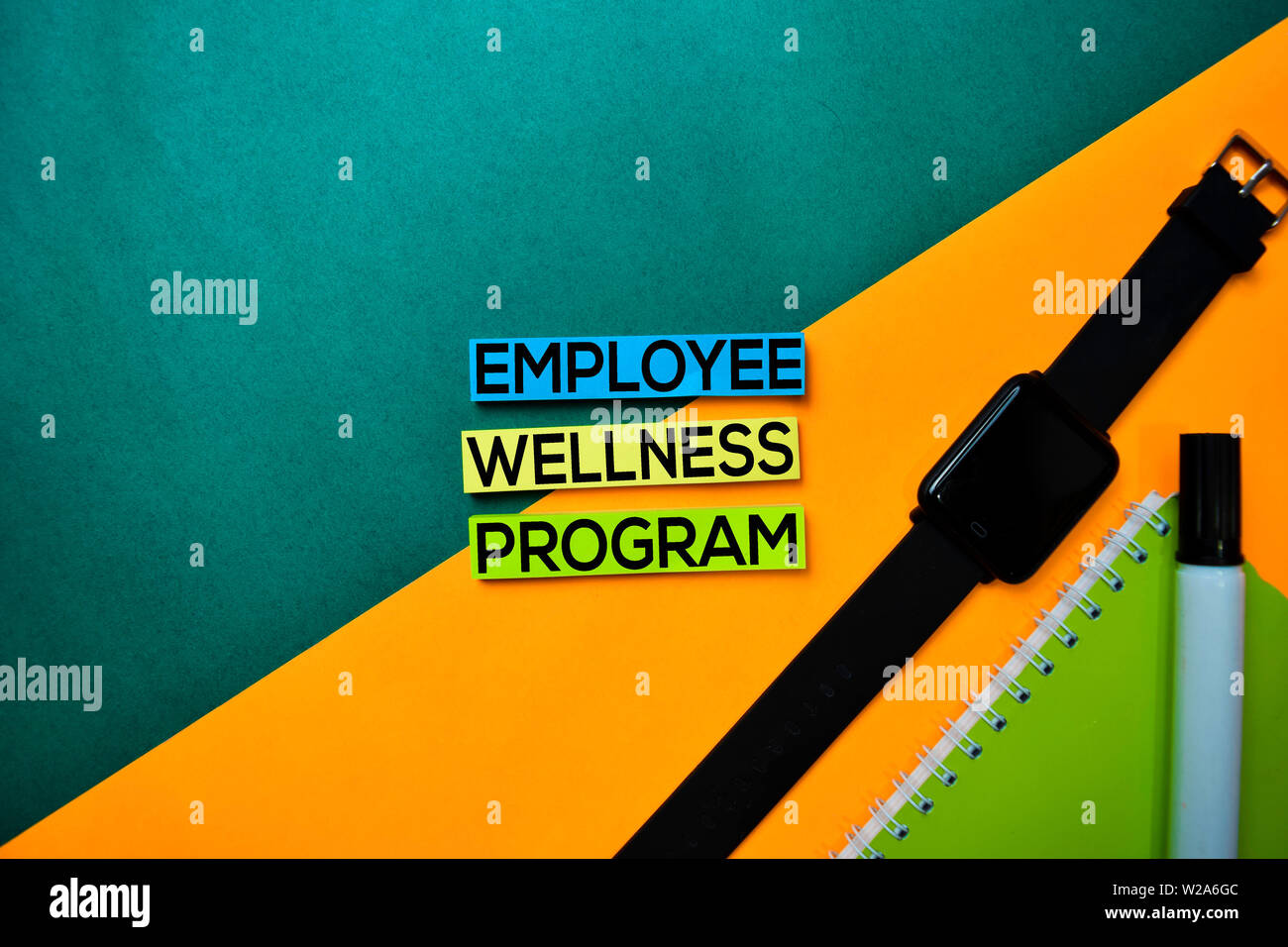 Employee Wellness Program text on top view color table background Stock ...