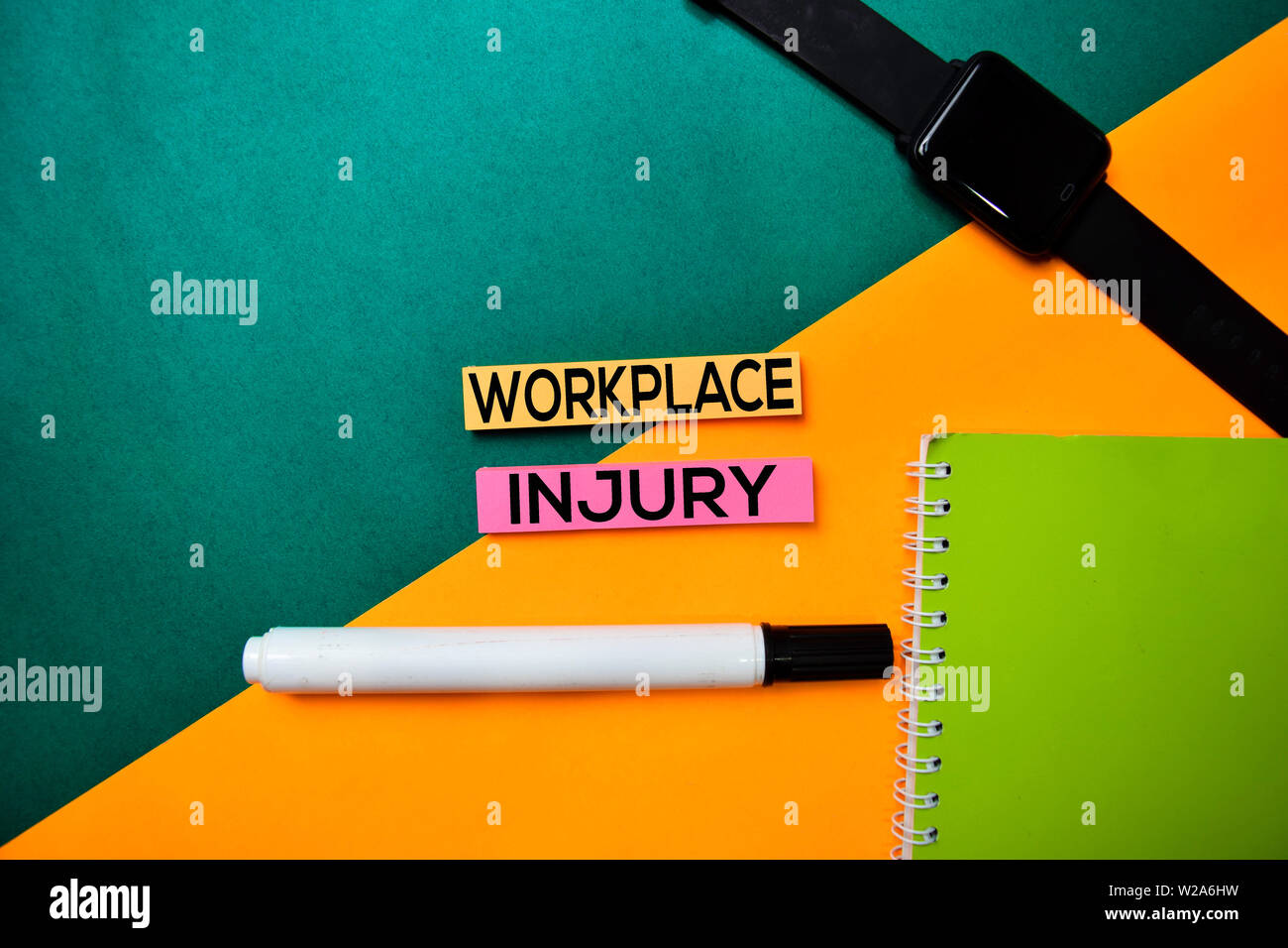 Workplace Injury text on top view color table background Stock Photo ...
