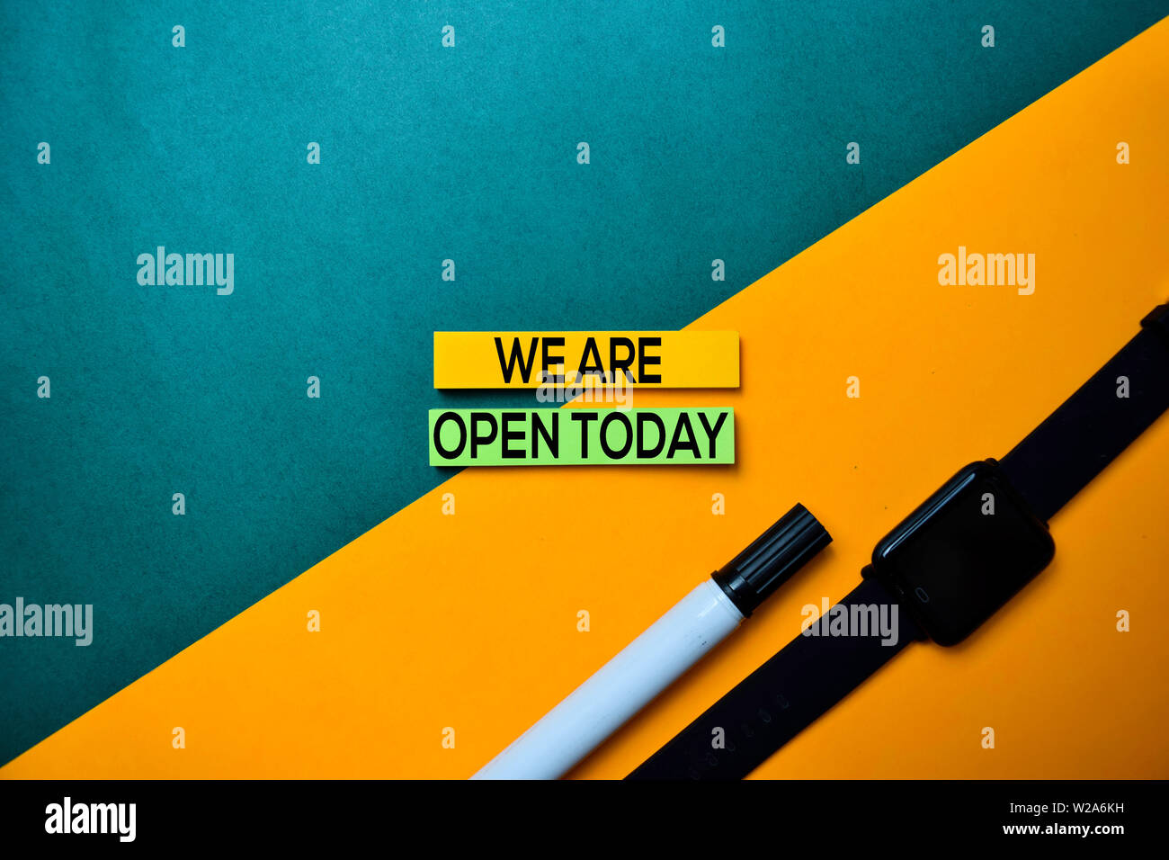 We Are Open Today text on top view color table background Stock Photo ...