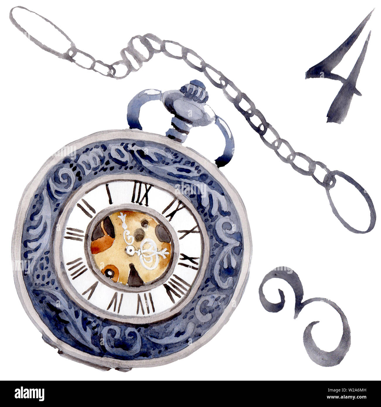 Vintage old clock pocket watch. Watercolor background illustration set ...