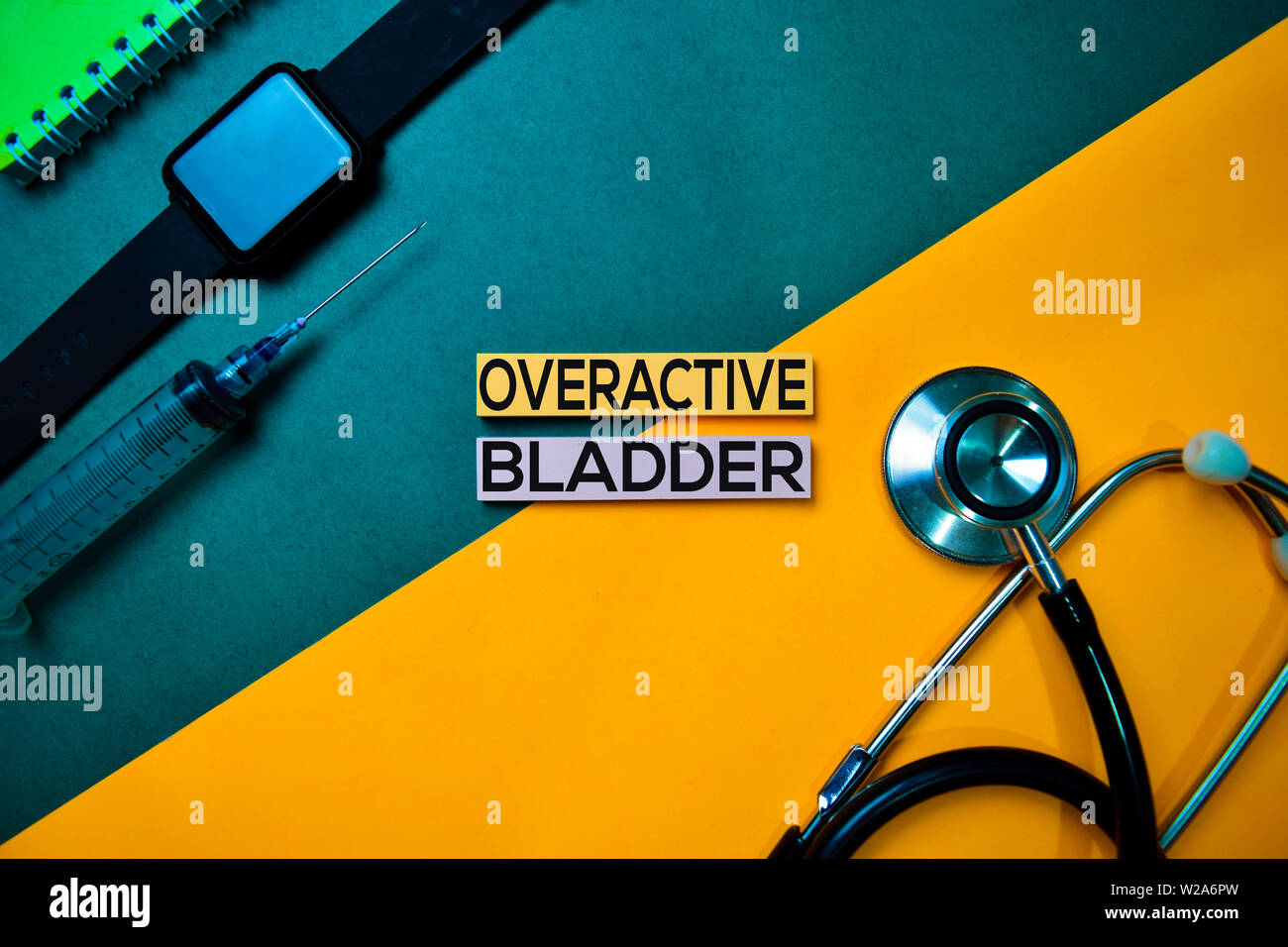Overactive Bladder text on top view color table and Healthcare/medical ...