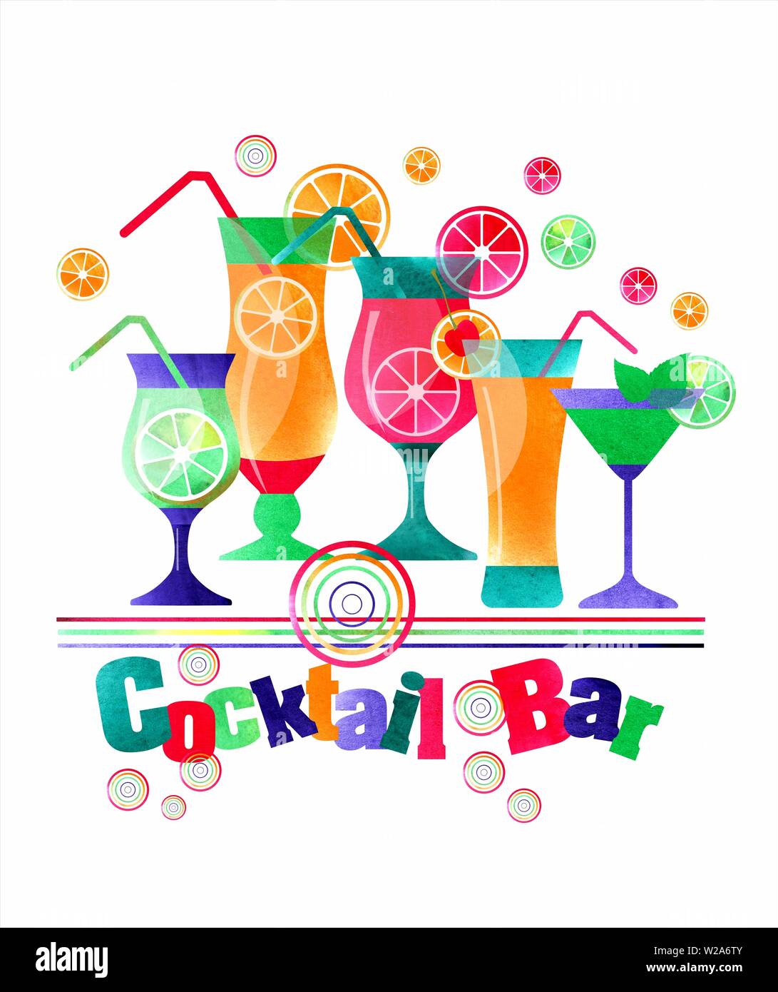 Illustration of Cocktail hand drawn, decorative icons set . Watercolor ...