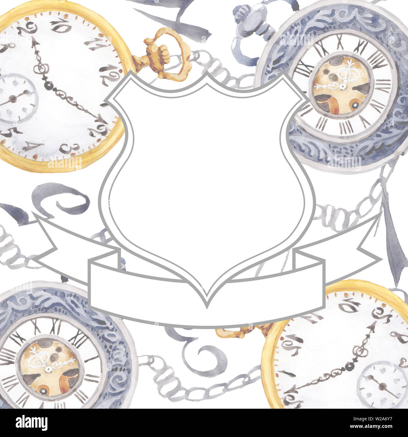 Vintage old clock pocket watch. Watercolor background illustration set ...