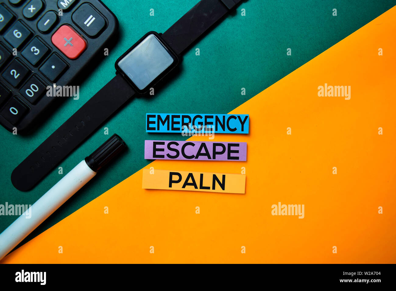 Emergency Escape Plan text on top view color table background Stock ...