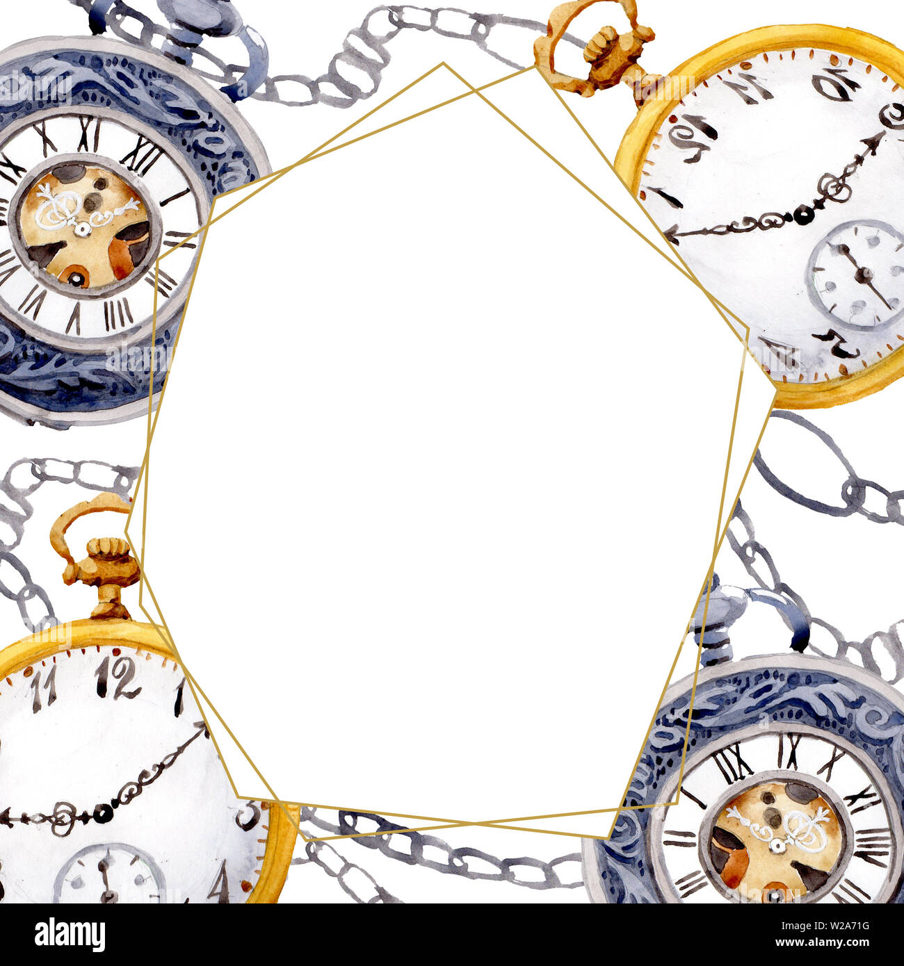 Vintage old clock pocket watch. Watercolor background illustration set ...