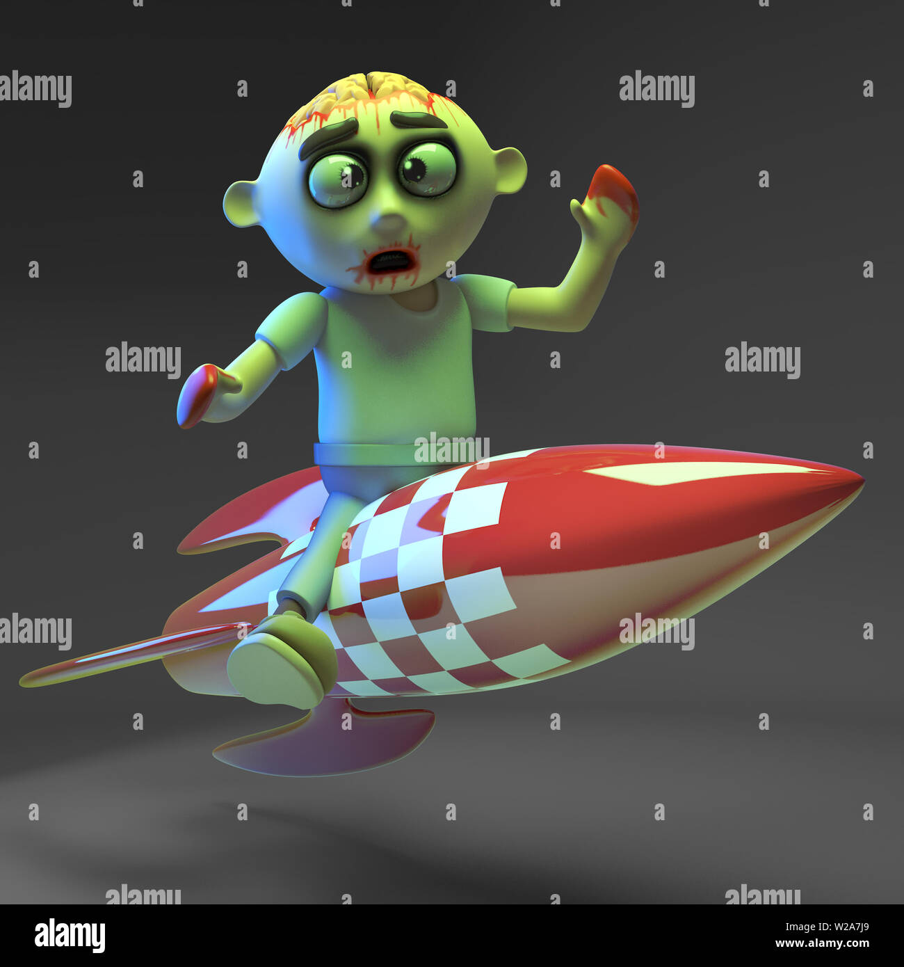 Scared zombie monster is taking a rocket ride, 3d illustration render ...