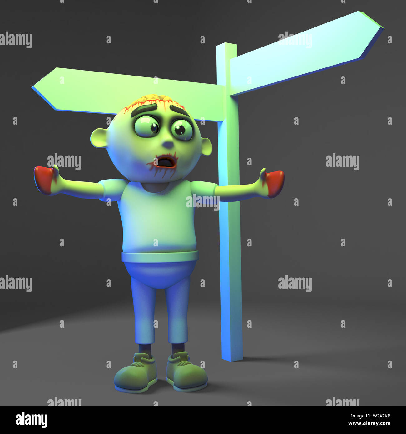 Poor lost zombie monster looks at the blank signpost, 3d illustration ...