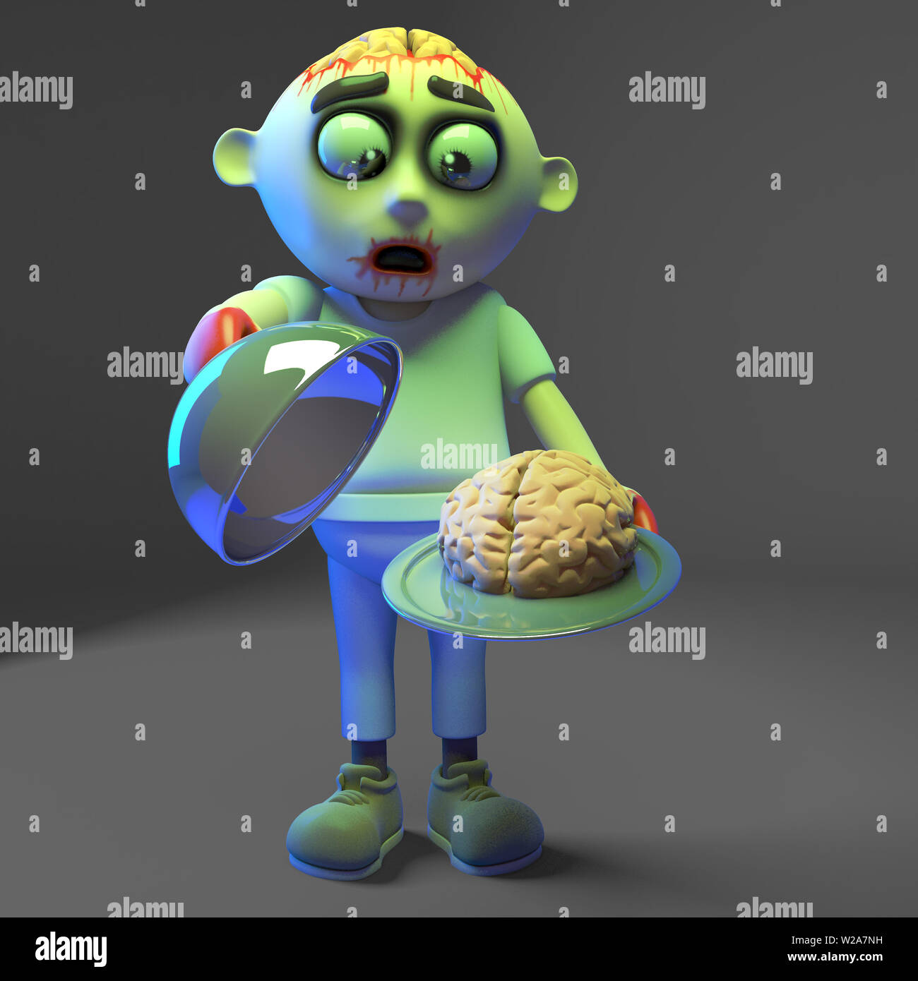 Spooky zombie monster serves brains to all his guests, 3d illustration ...