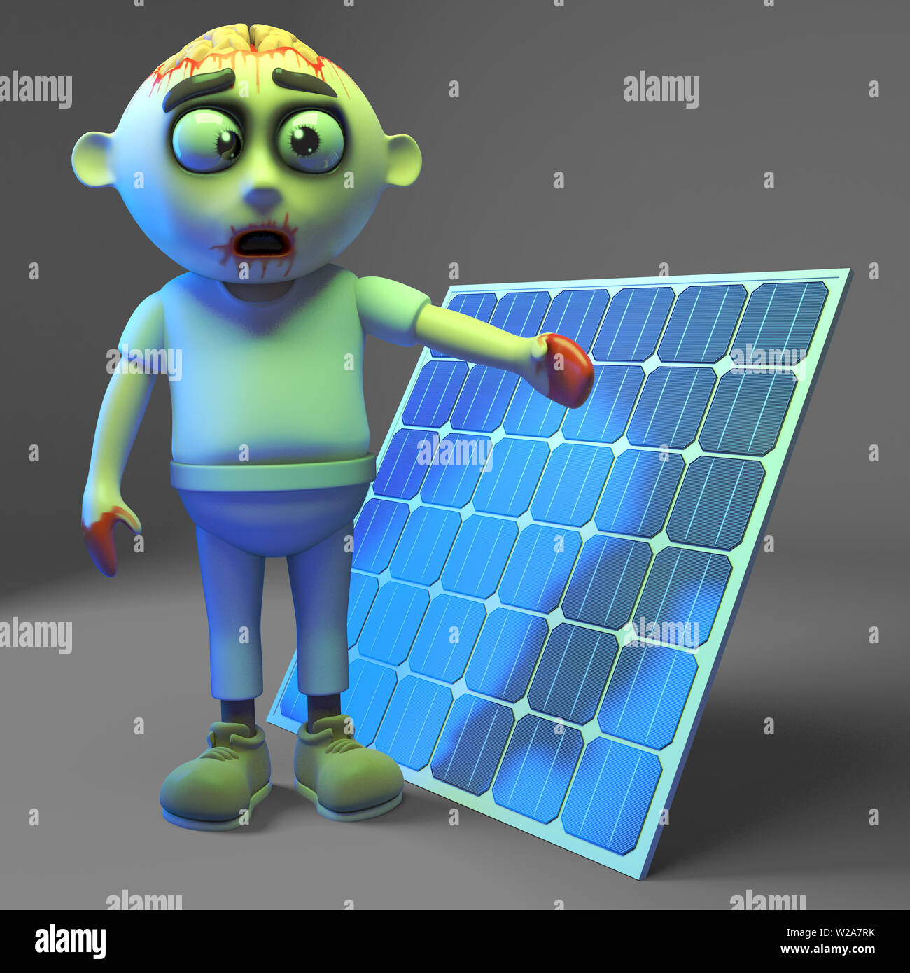 Zombie monster has gone green with a solar panel, 3d illustration ...