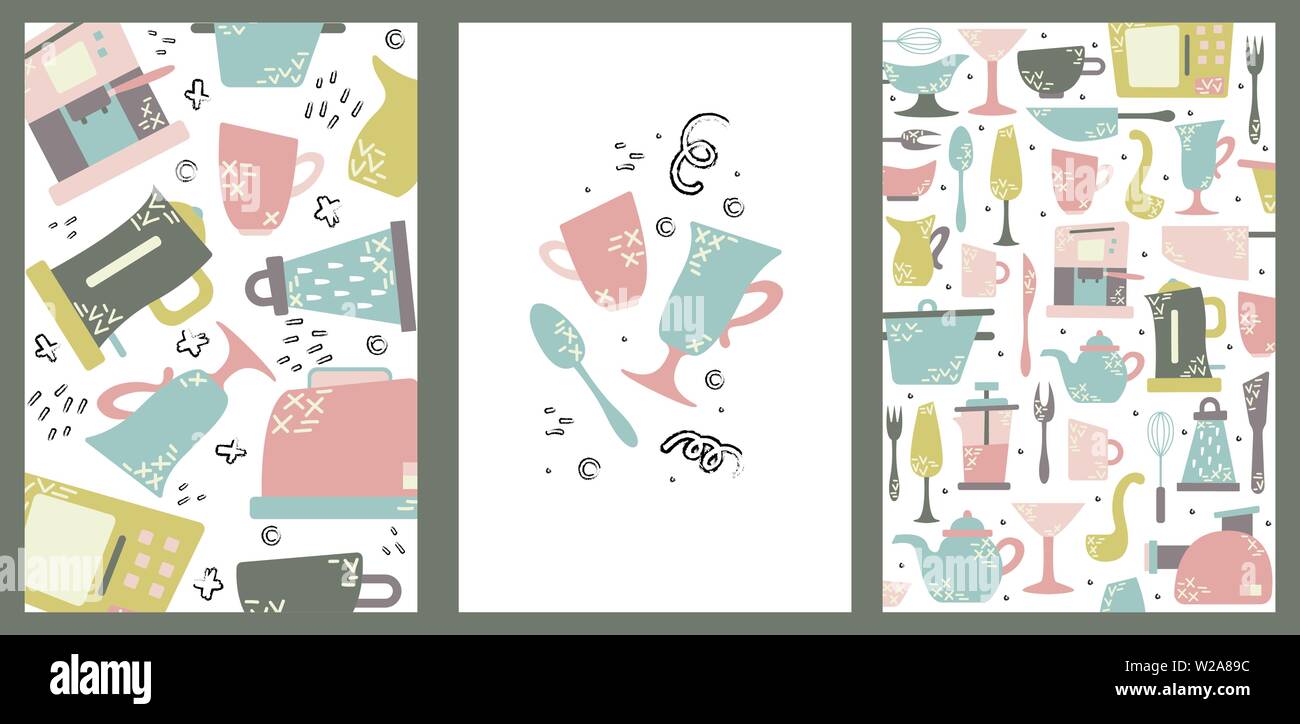 Set of hand drawn cards with kitchen appliances. Cooking vector ...