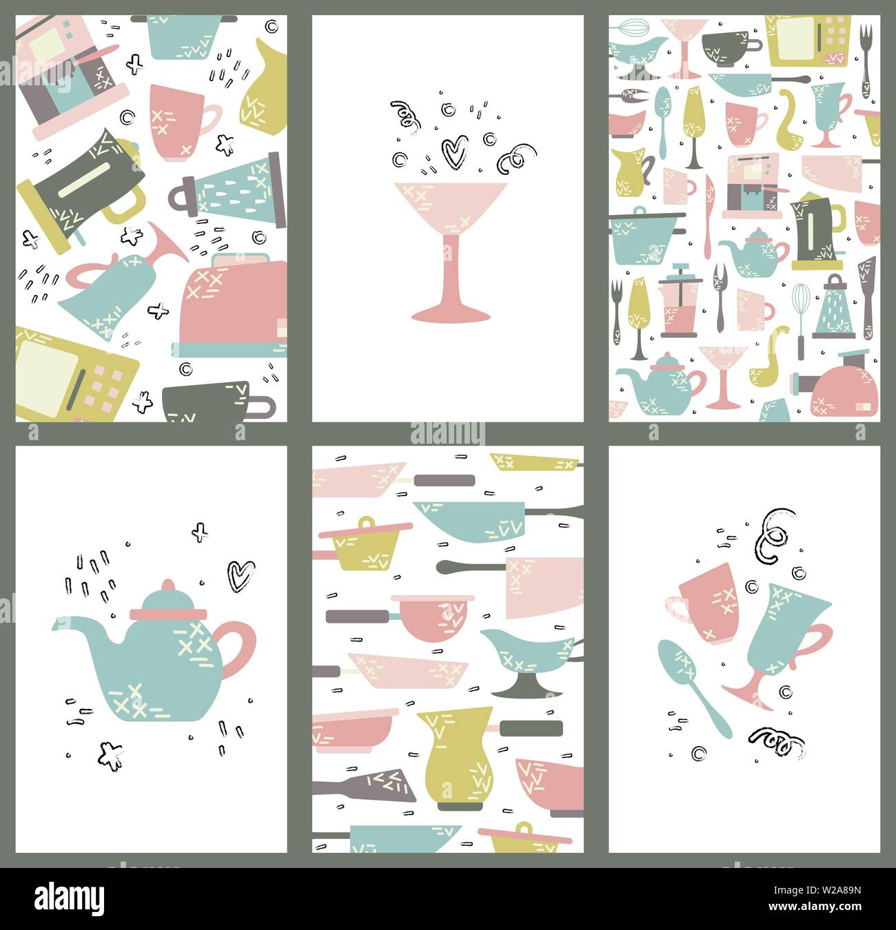Set of hand drawn cards with kitchen appliances. Cooking vector ...