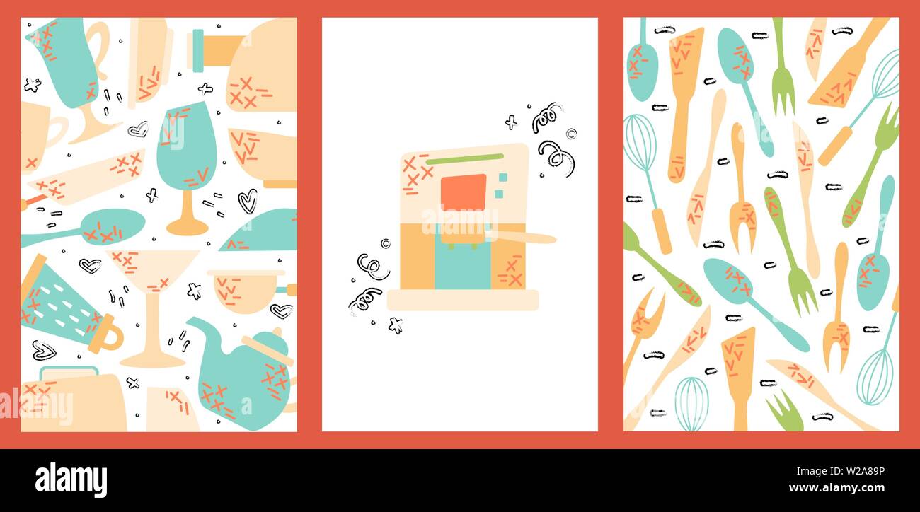 Set of hand drawn cards with kitchen appliances. Cooking vector ...