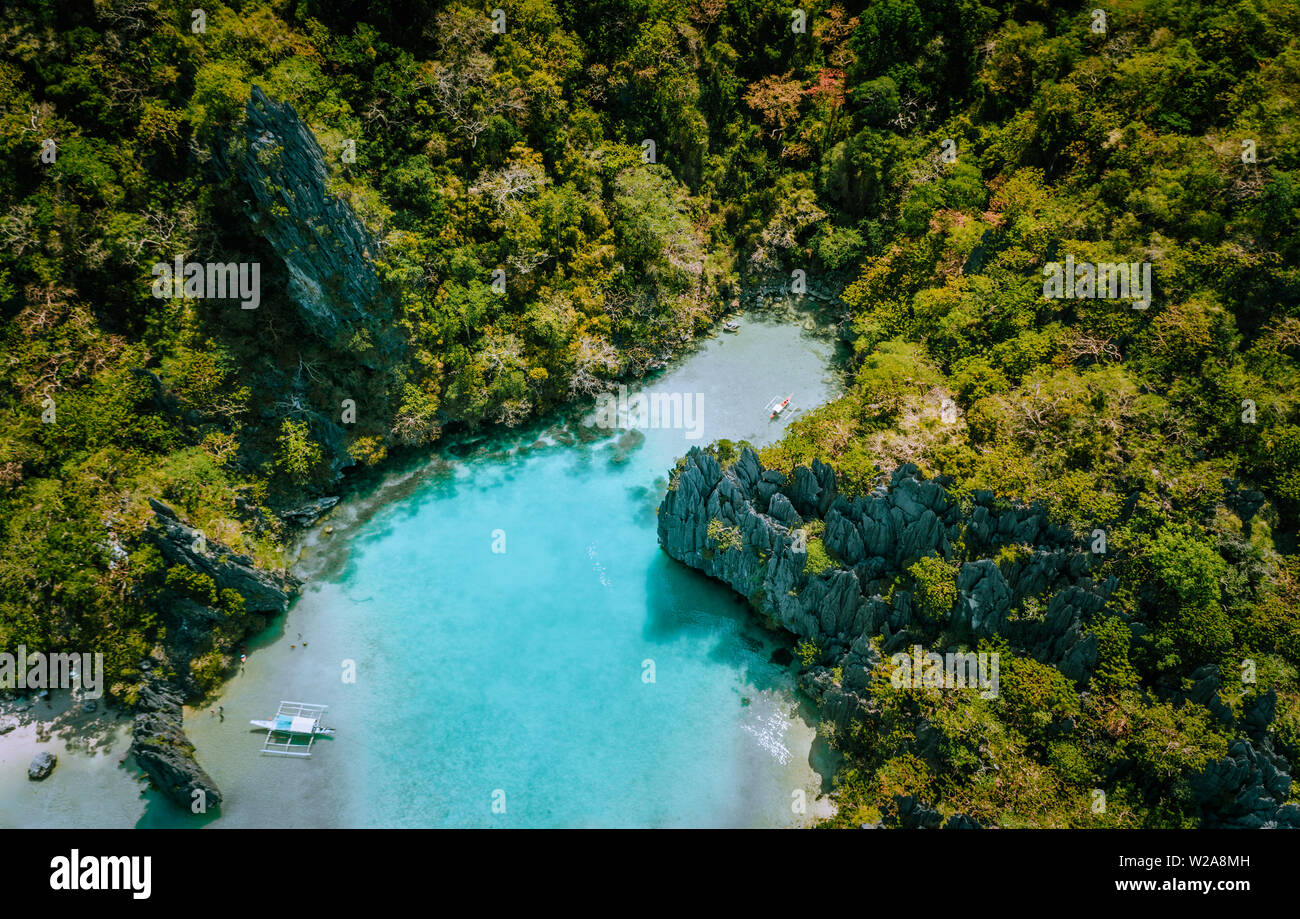Aerial drone view of blue turquoise transparent lagoon water of ...