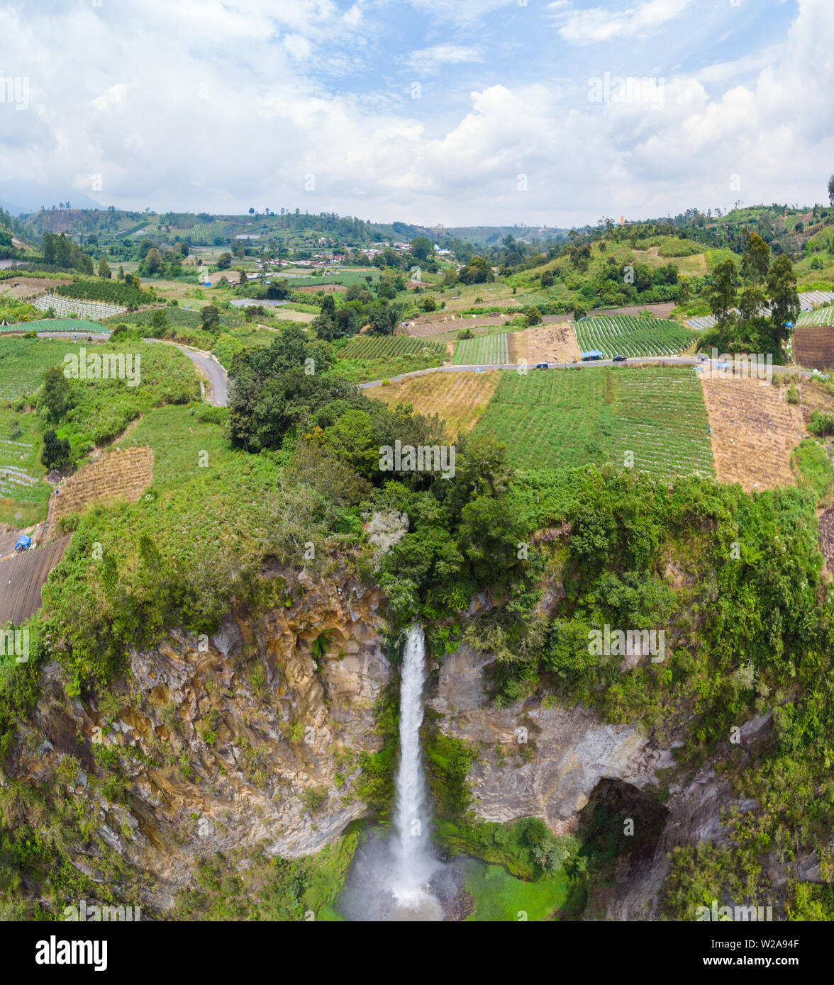 Aerial view Sipiso-piso waterfall in Sumatra, travel destination in ...