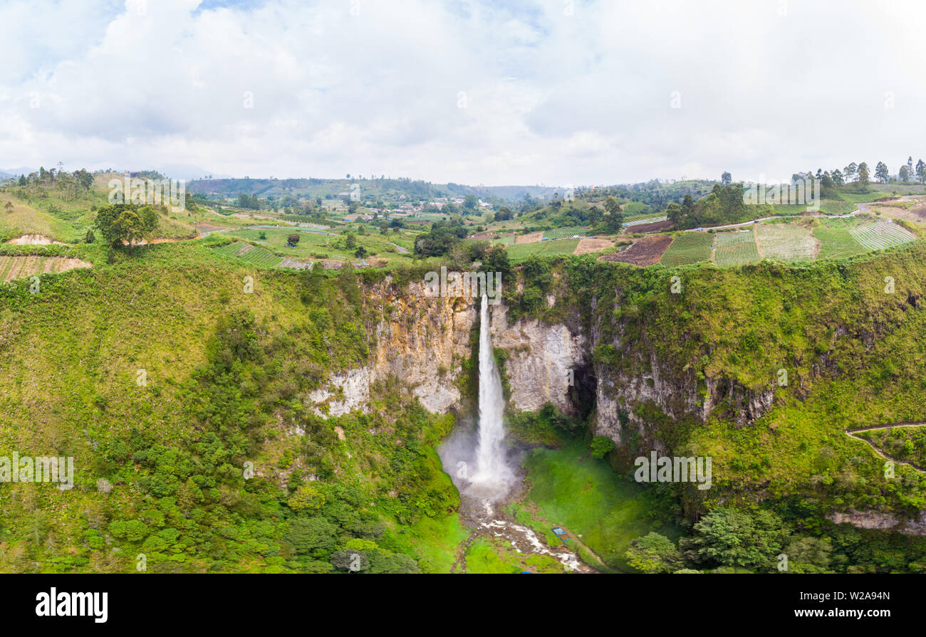 Aerial view Sipiso-piso waterfall in Sumatra, travel destination in ...