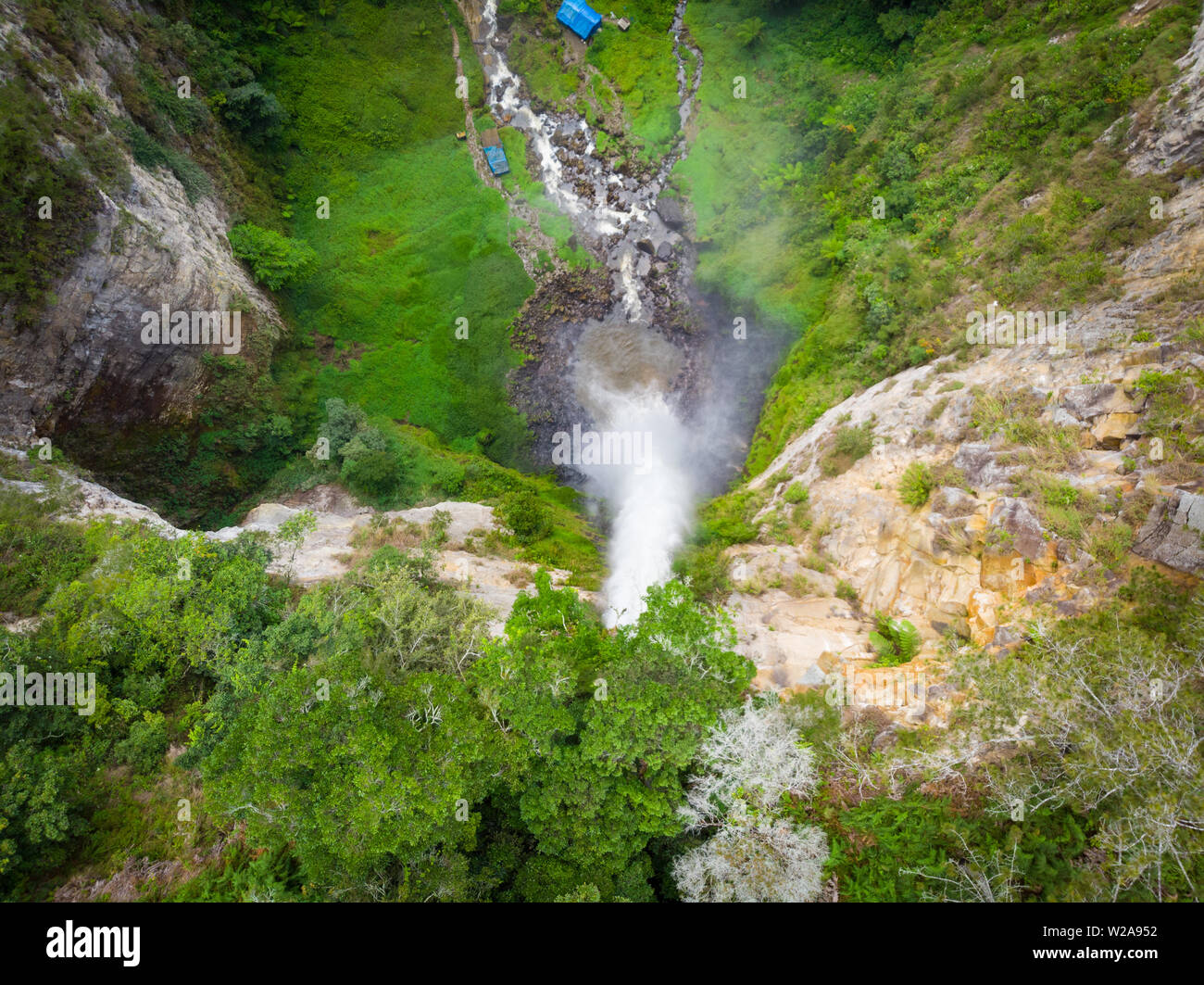 Aerial view Sipiso-piso waterfall in Sumatra, travel destination in ...