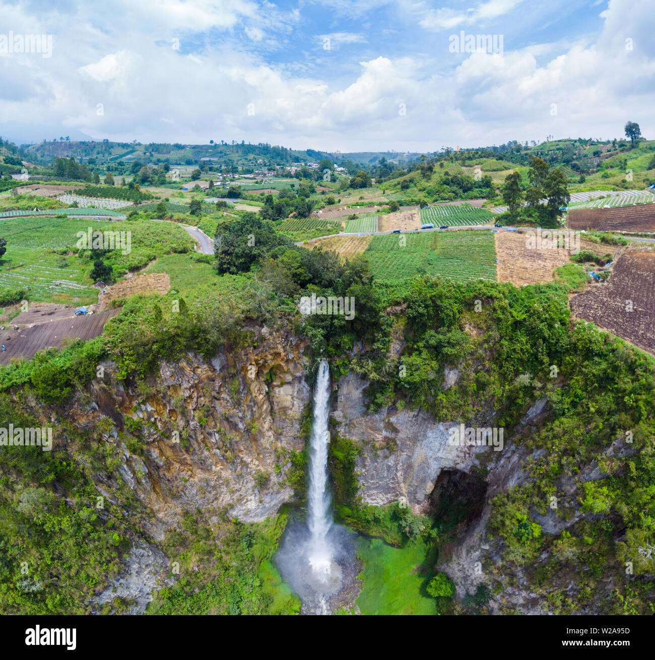 Aerial view Sipiso-piso waterfall in Sumatra, travel destination in ...