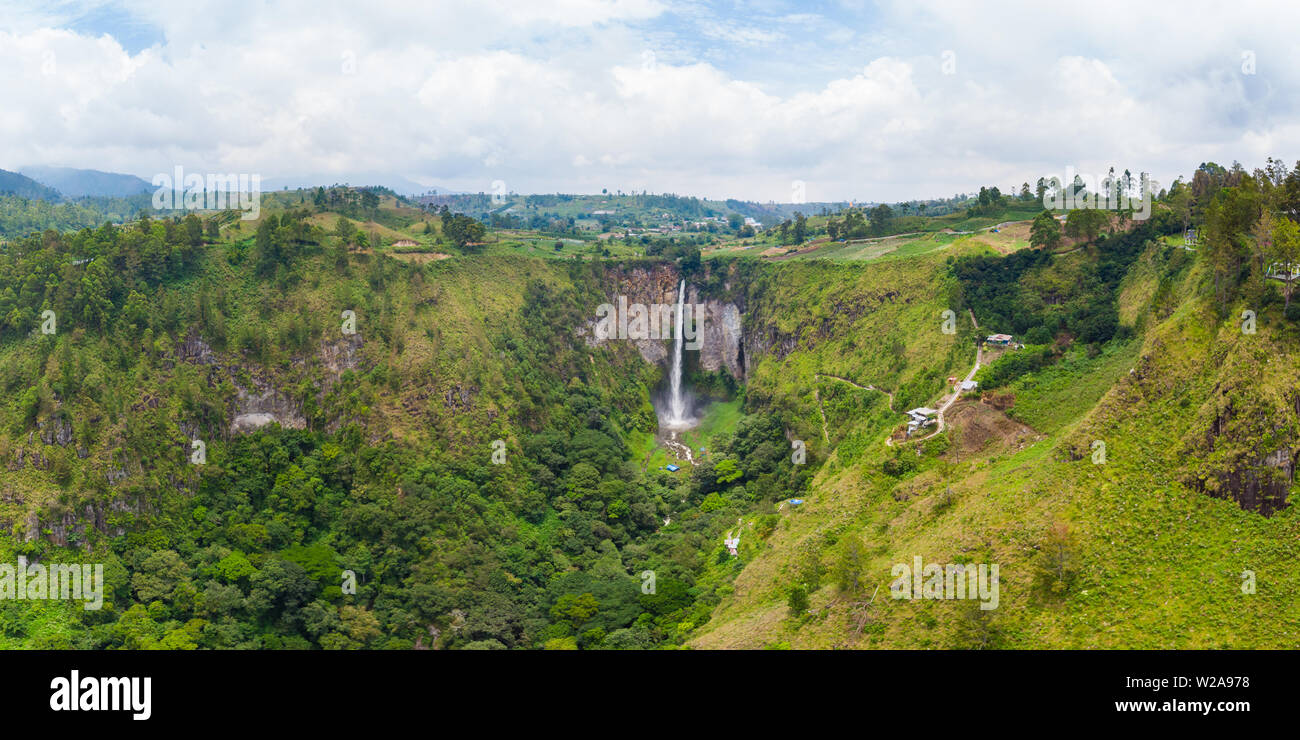 Aerial view Sipiso-piso waterfall in Sumatra, travel destination in ...