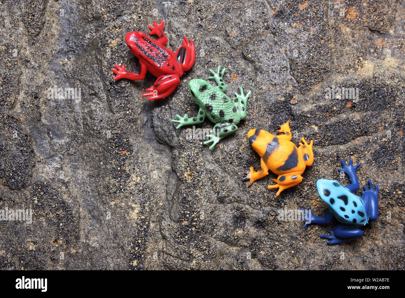 Four Toy Frogs on Rock Background Stock Photo - Alamy